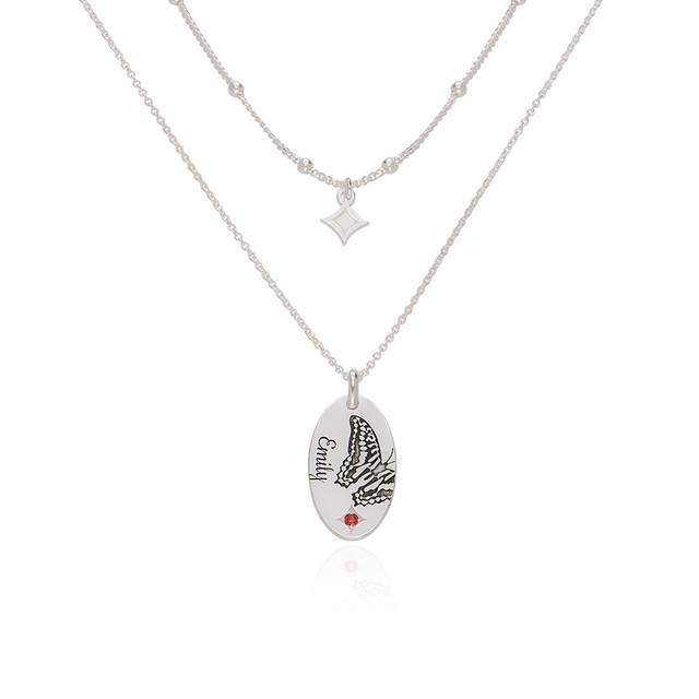 Birth Butterfly & Stone Layered Necklace in Silver - Theo Grace