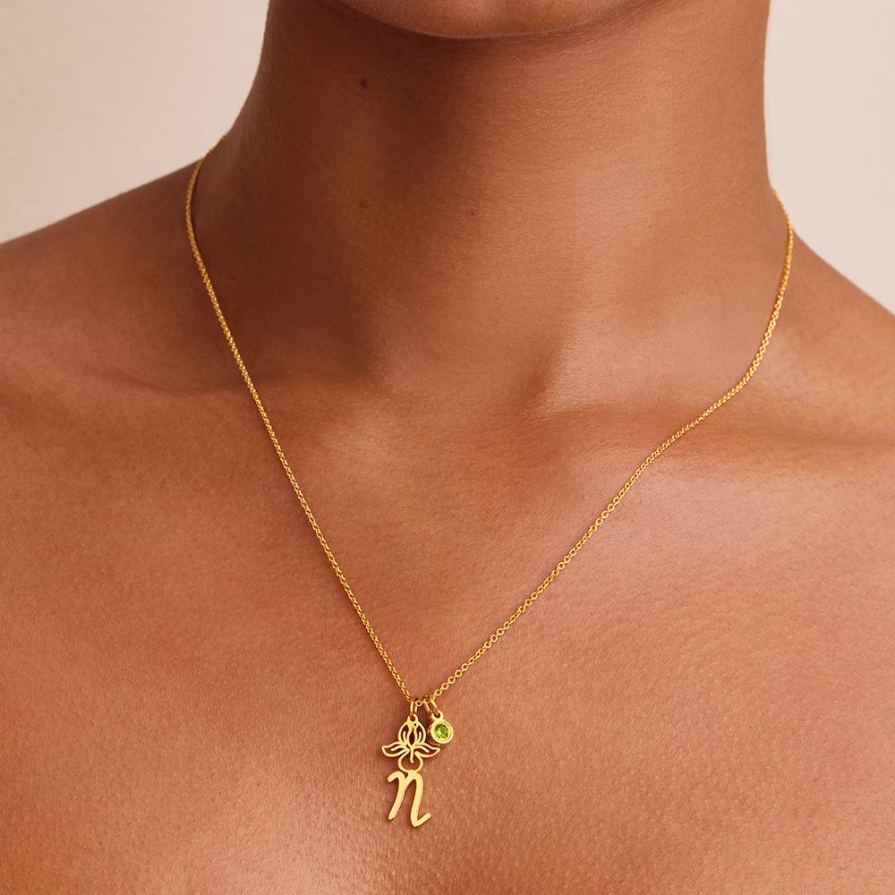 Blooming Birth Flower Initial Necklace with Birthstone in Gold Plating ...