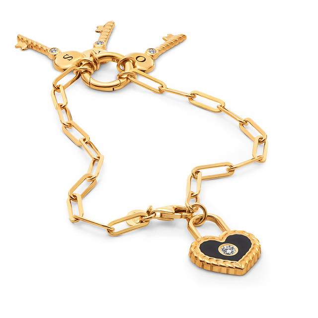 Heart Lock & Key Initial Diamond Bracelet in Gold Vermeil - Theo Grace