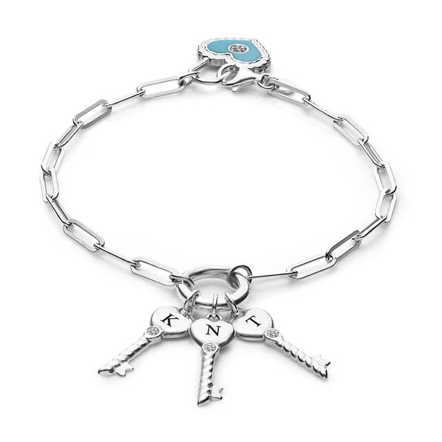 Heart Lock & Key Initial Diamond Bracelet in Silver - Theo Grace