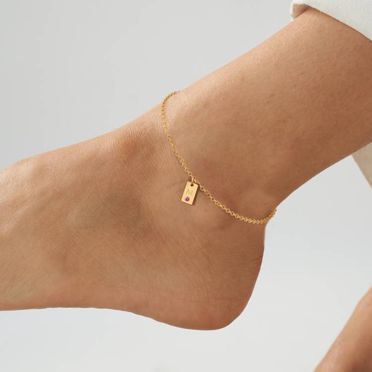 Initial Birthstone Tag Anklet in 14K Solid Yellow Gold - Theo Grace