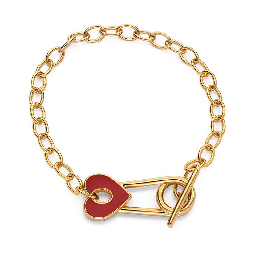 Love Locked Safety Pin Bracelet with Heart Charm in Gold Plating - Theo ...