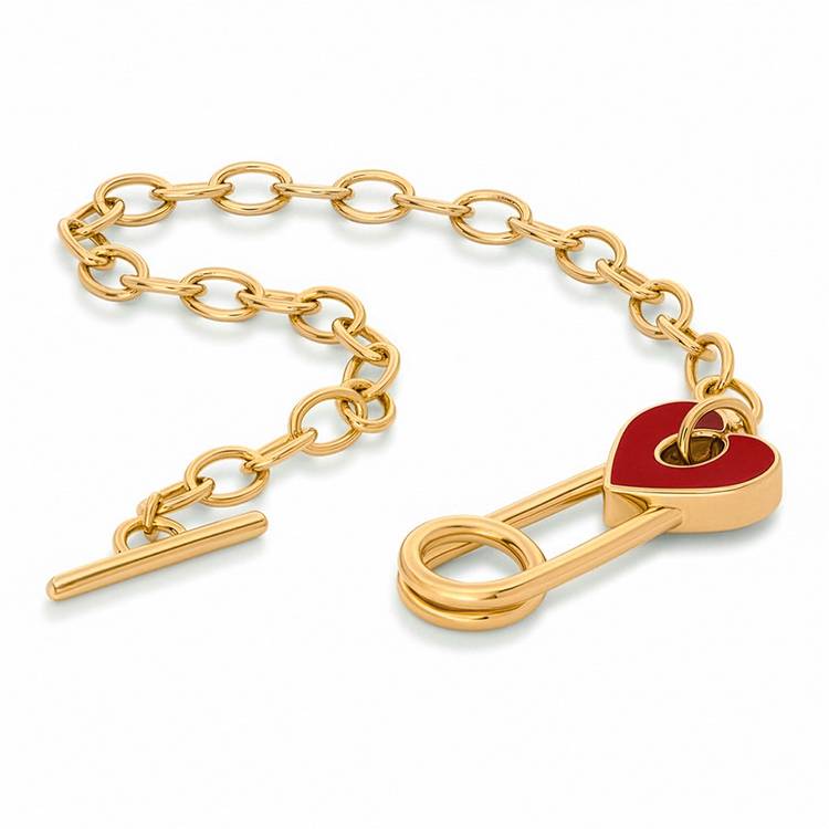 Love Locked Safety Pin Bracelet with Heart Charm in Gold Plating - Theo ...