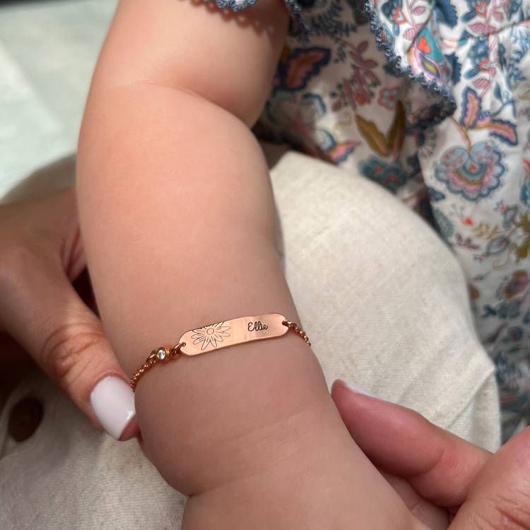 Lyla Baby Name Bracelet with Birth Flower and Stone in 18K Rose Gold ...