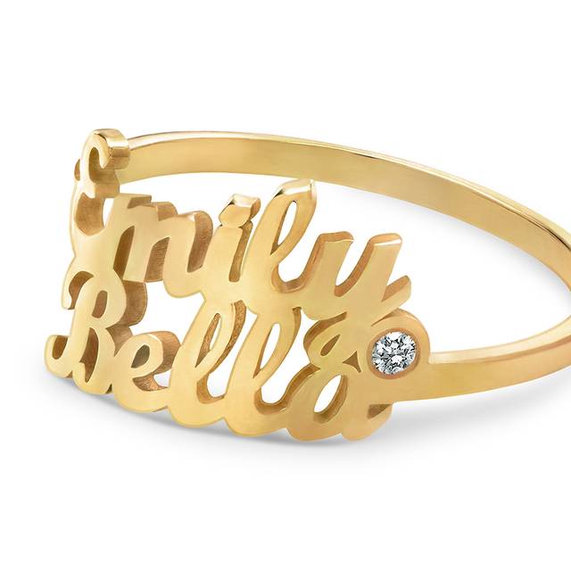 Script Double Name Ring with Diamond in 14K Solid Yellow Gold - Theo ...