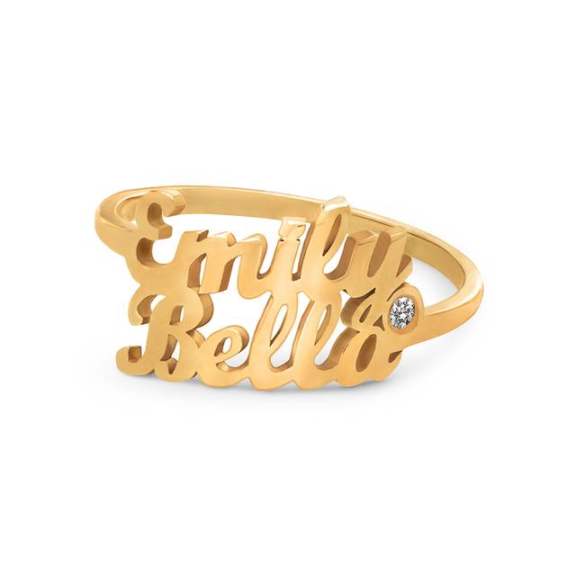 Script Double Name Ring with Diamond in 18K Gold Plating - Theo Grace ...