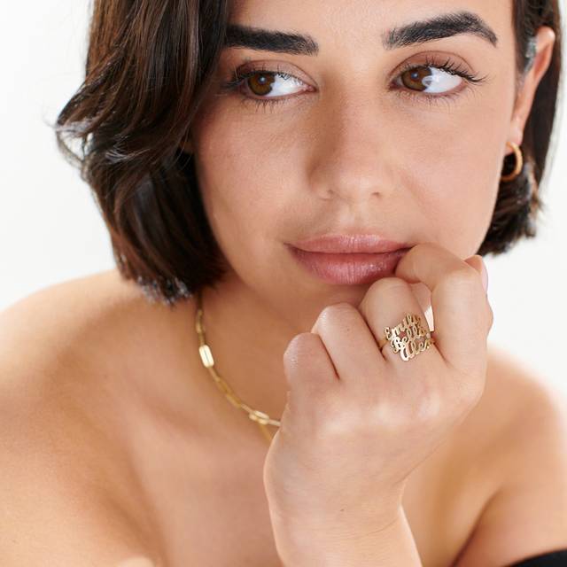 Script Triple Name Ring with Diamond in 14K Solid Yellow Gold - Theo Grace