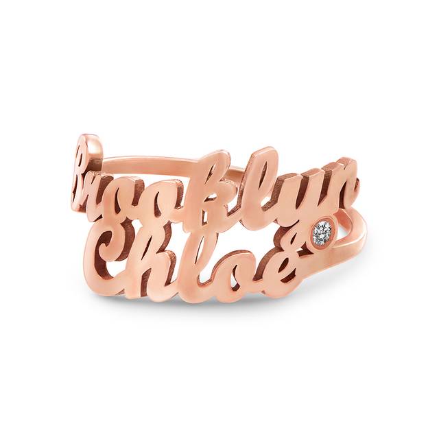 Script Double Name Ring with Diamond in 18K Rose Gold Plating - Theo Grace (Formerly MYKA)