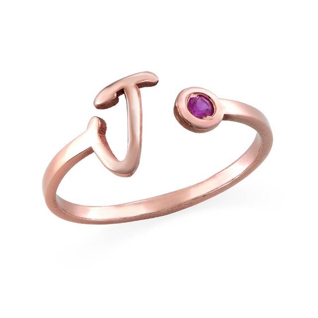 Initial Open Promise Ring with Birthstone in 18K Rose Gold Plating - Theo Grace