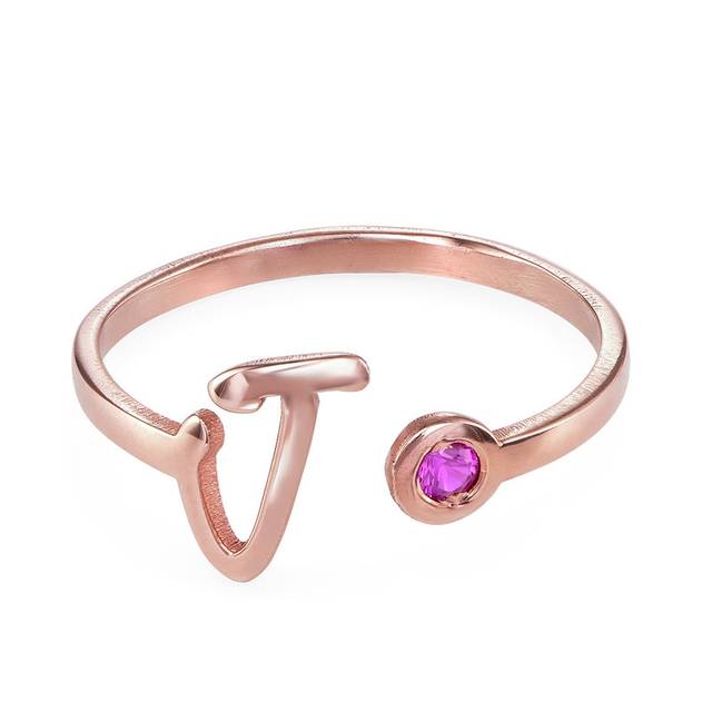 Initial Open Promise Ring with Birthstone in 18K Rose Gold Plating - Theo Grace