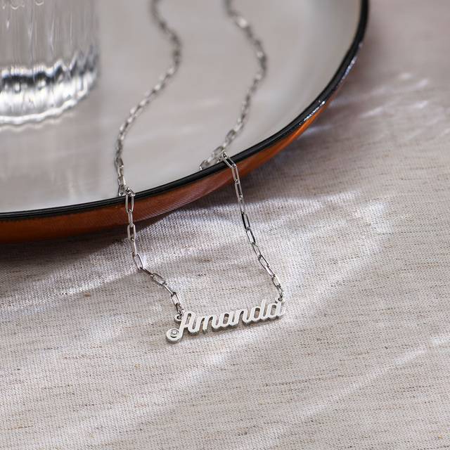 Paperclip Script Name Necklace with Diamond in Sterling Silver - Theo Grace