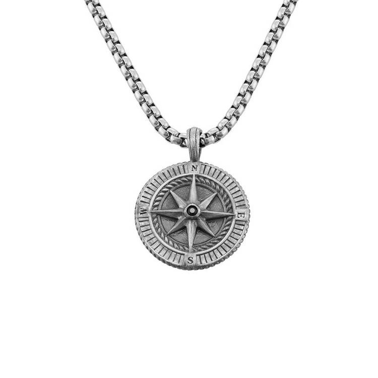 Engraved Compass Pendant Necklace for Men in Sterling Silver - Theo Grace