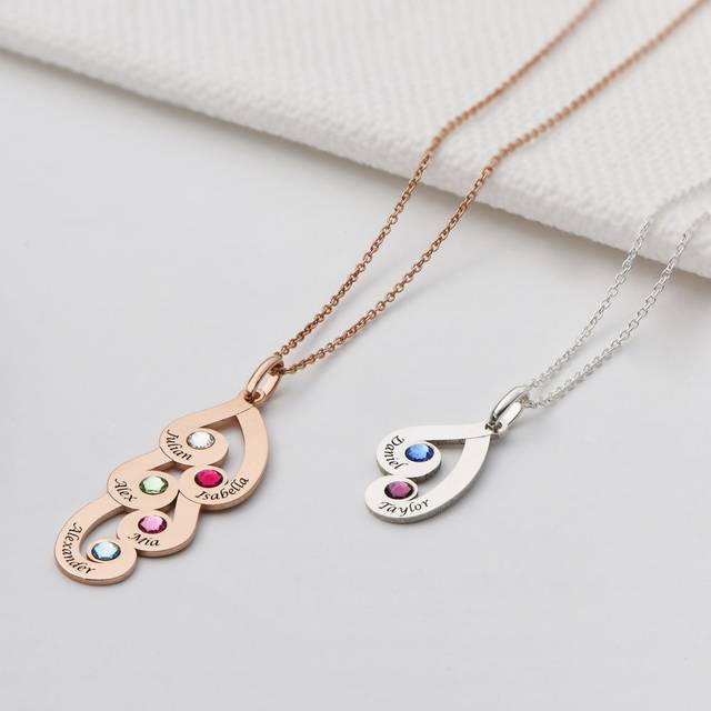 Engraved Family Pendant Necklace with Birthstones in Rose Gold Plating ...
