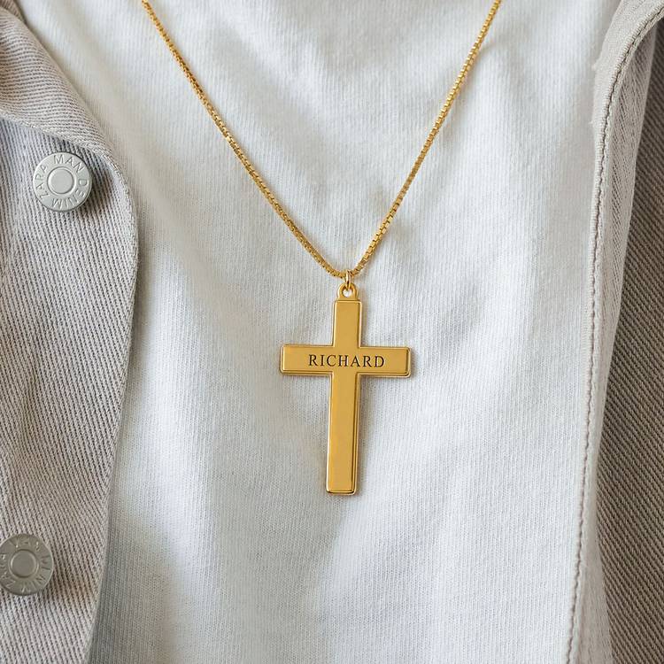 Men's Engraved Cross Necklace in Gold Plating - Theo Grace
