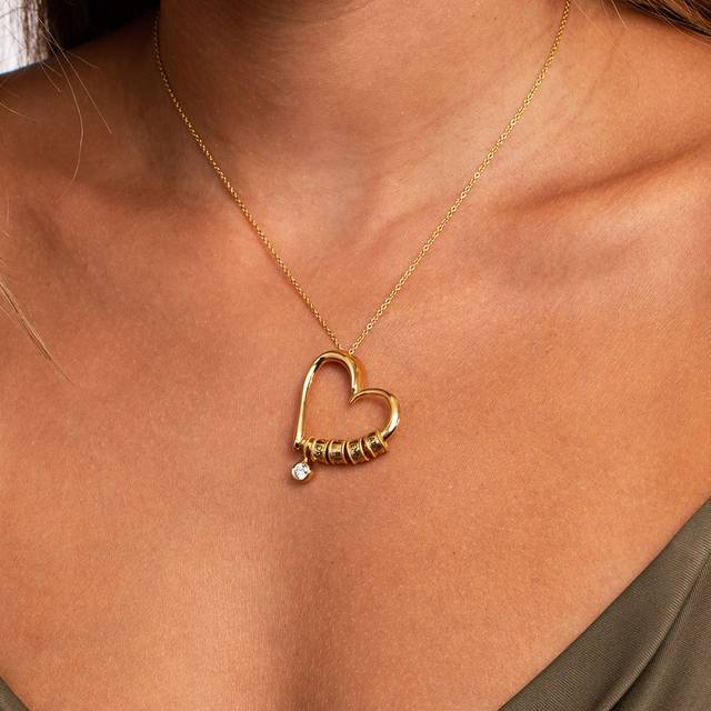 Charming Heart Necklace with Engraved Beads & 0.10CT Diamond in Gold ...