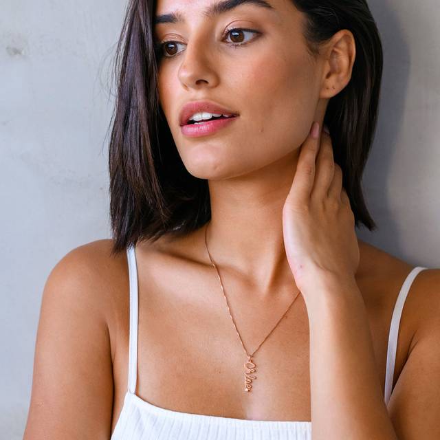 Vertical Cursive Name Pendant Necklace with Diamond in Rose Gold ...